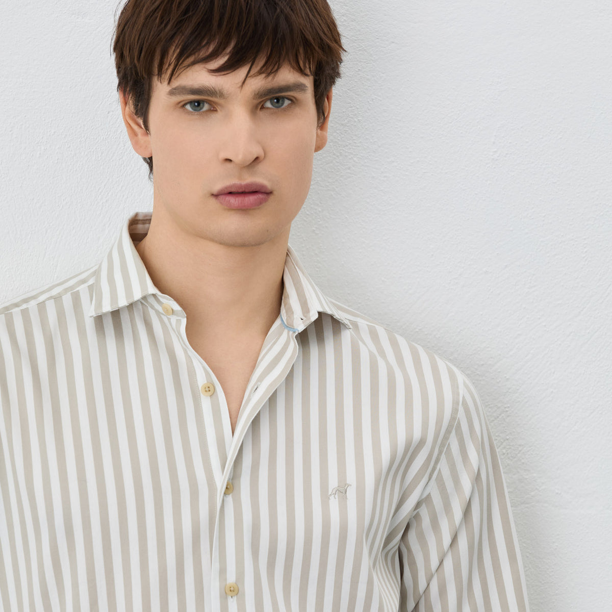 Slim Fit Shirt With Open Collar In BCI Cotton With Stripes – Sacoor ...